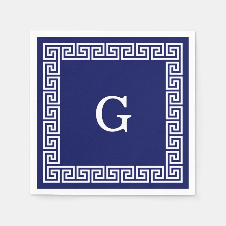 Navy Blue White Greek Key #1 Framed Monogram Paper Napkins | Zazzle