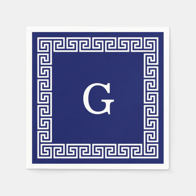 Navy Blue White Greek Key #1 Framed Monogram Paper Napkins | Zazzle