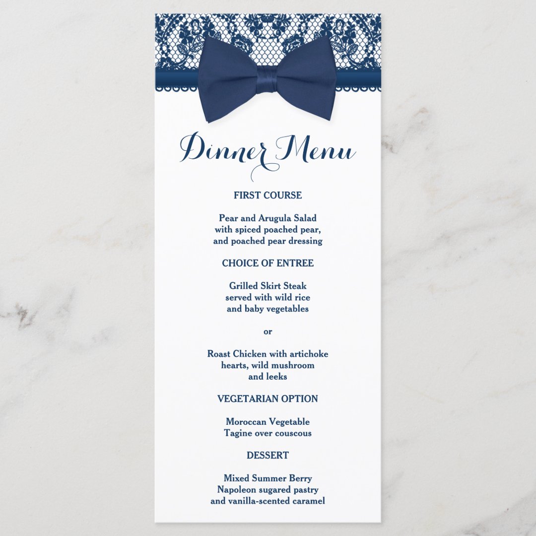 Navy Blue & White Lace Bow Slim Dinner Menu | Zazzle