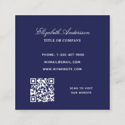 Navy blue white logo QR code elegant Square Business Card | Zazzle