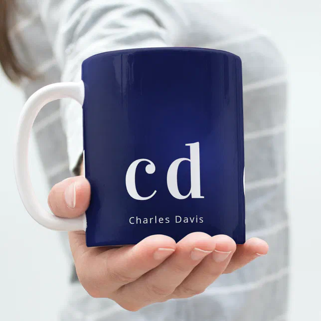 Navy blue white monogram initials name coffee mug | Zazzle
