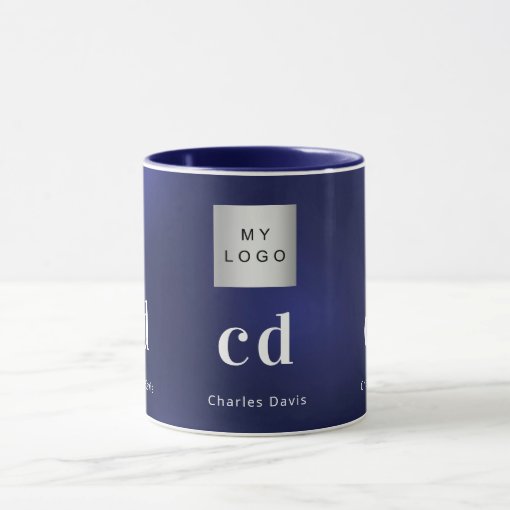 Navy blue white monogram name business logo mug | Zazzle