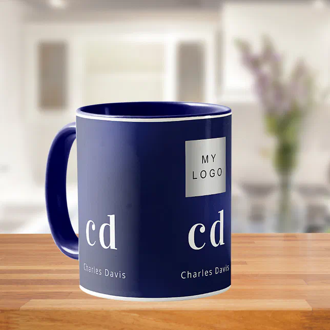 Navy blue white monogram name business logo mug | Zazzle