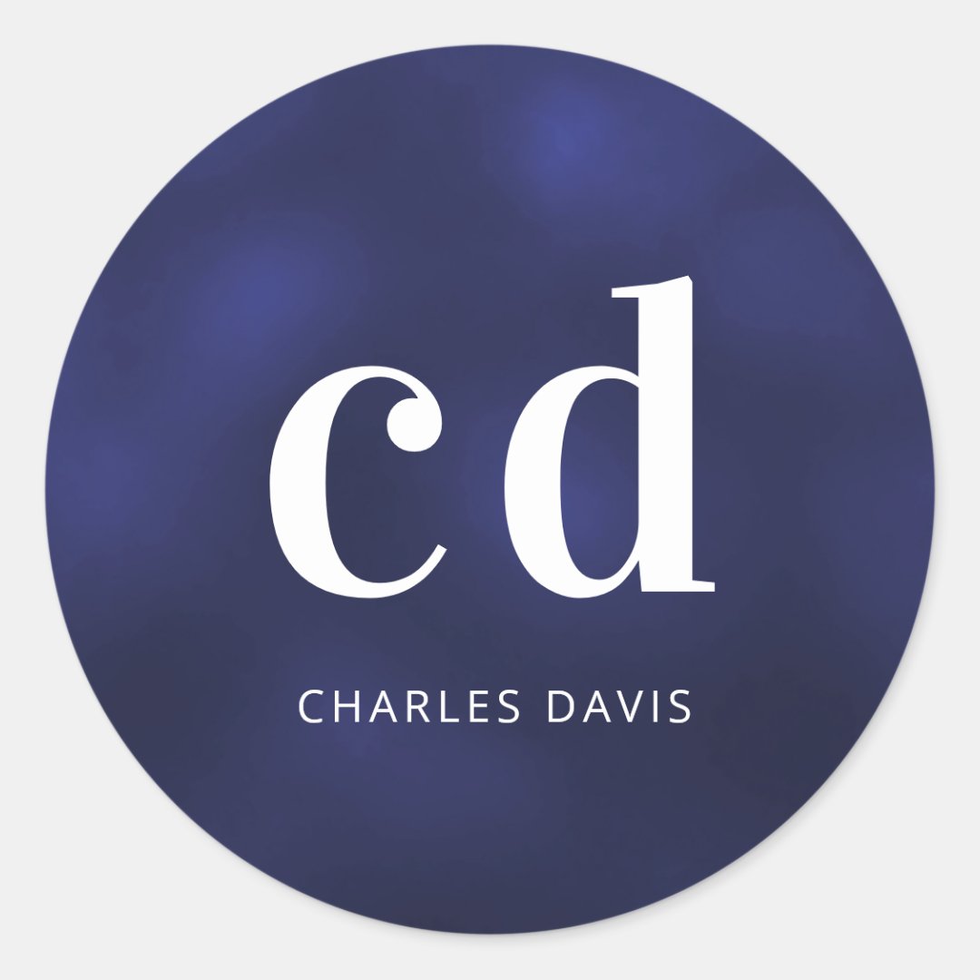 Navy blue white monogram name classic round sticker | Zazzle