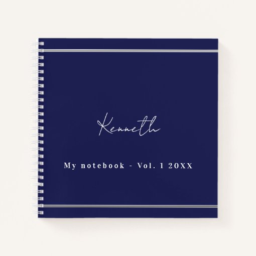 Navy blue white name script minimalist notebook | Zazzle