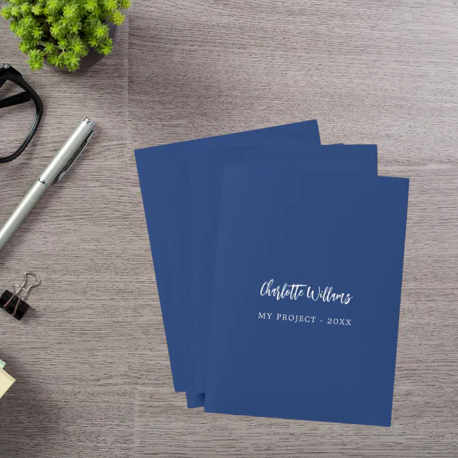 Navy blue white name script pocket folder | Zazzle