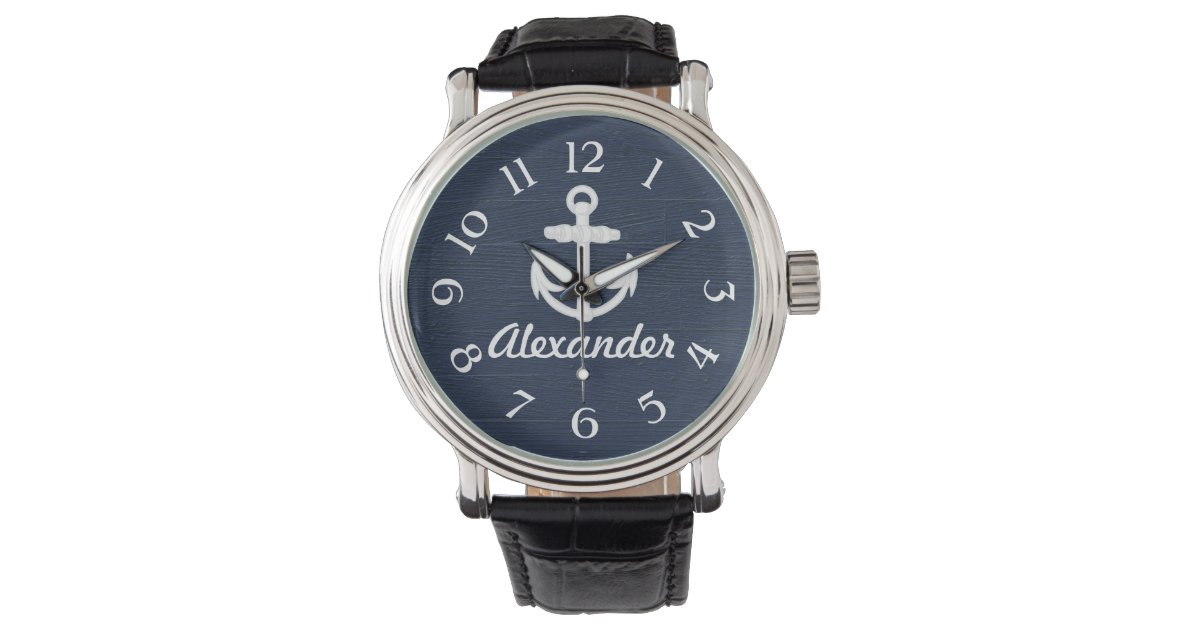 Navy Blue/White Nautical Anchor Custom Watch | Zazzle