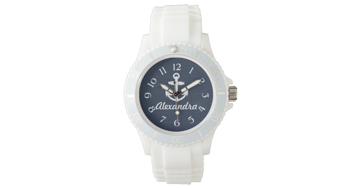 Navy Blue/White Nautical Anchor Personalized Watch | Zazzle