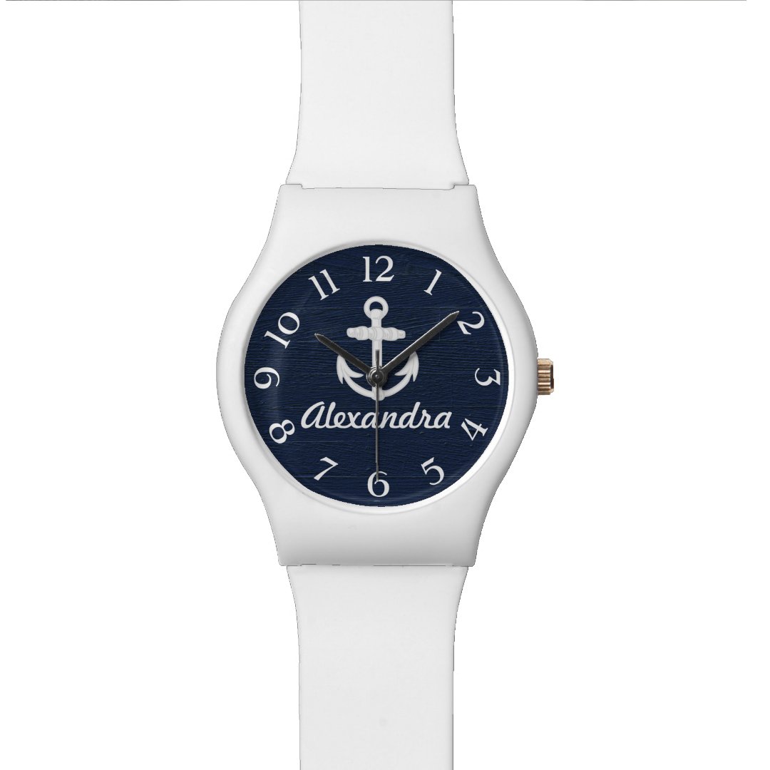 Navy Blue/White Nautical Anchor Personalized Wrist Watch | Zazzle
