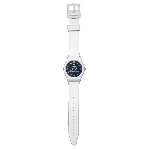 Navy Blue/White Nautical Anchor Personalized Wrist Watch | Zazzle