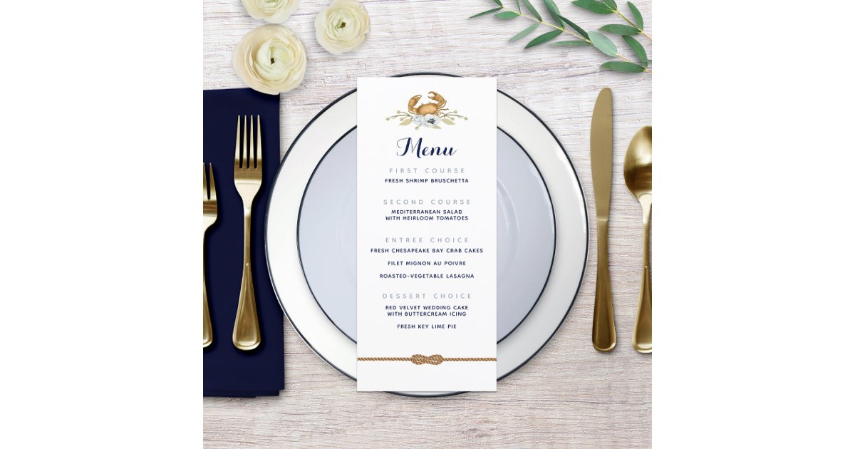 Navy Blue & White Nautical Coastal Wedding Menu 呂 | Zazzle