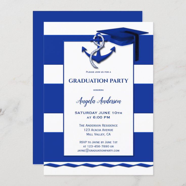 Navy Blue White Nautical Graduation Invitation | Zazzle