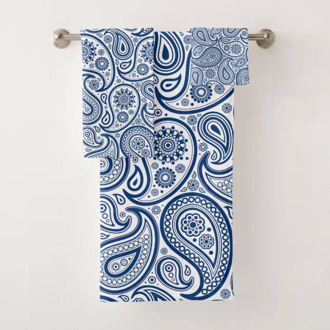 Navy Blue & White Paisley pattern Bath Towel Set | Zazzle