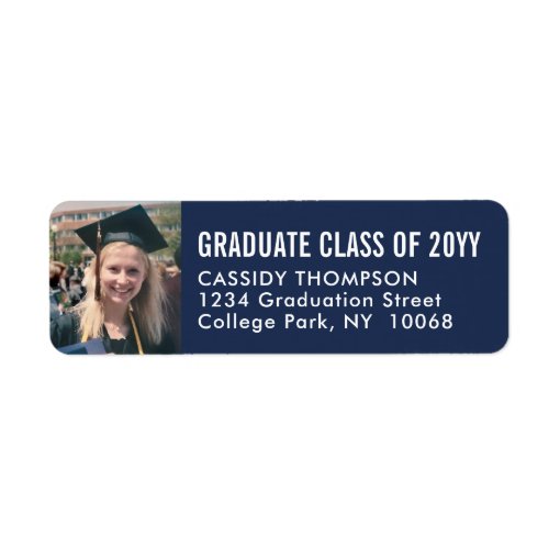 Navy Blue White Photo Graduation Return Address Label | Zazzle