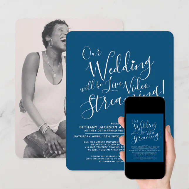 Navy blue white photo live streaming wedding invitation | Zazzle