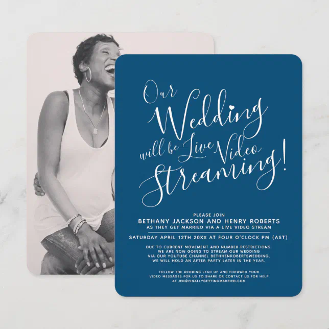 Navy blue white photo live streaming wedding invitation | Zazzle