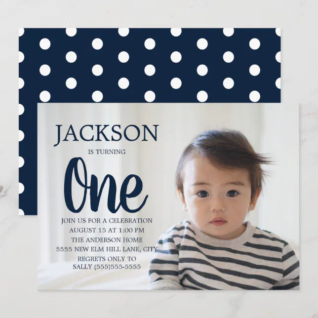 Navy Blue White Polka Dot Child's 1st Birthday Invitation | Zazzle