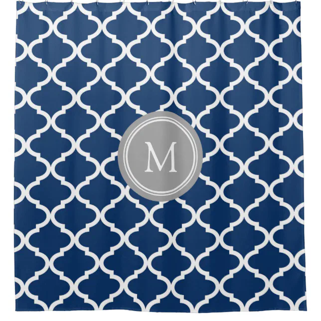Navy Blue White Quatrefoil Monogram Shower Curtain Zazzle