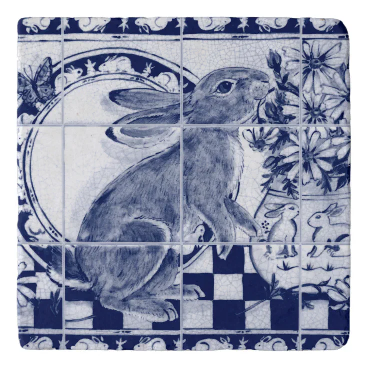 Navy Blue White Rabbit Dedham Pottery Delft Mural Trivet | Zazzle