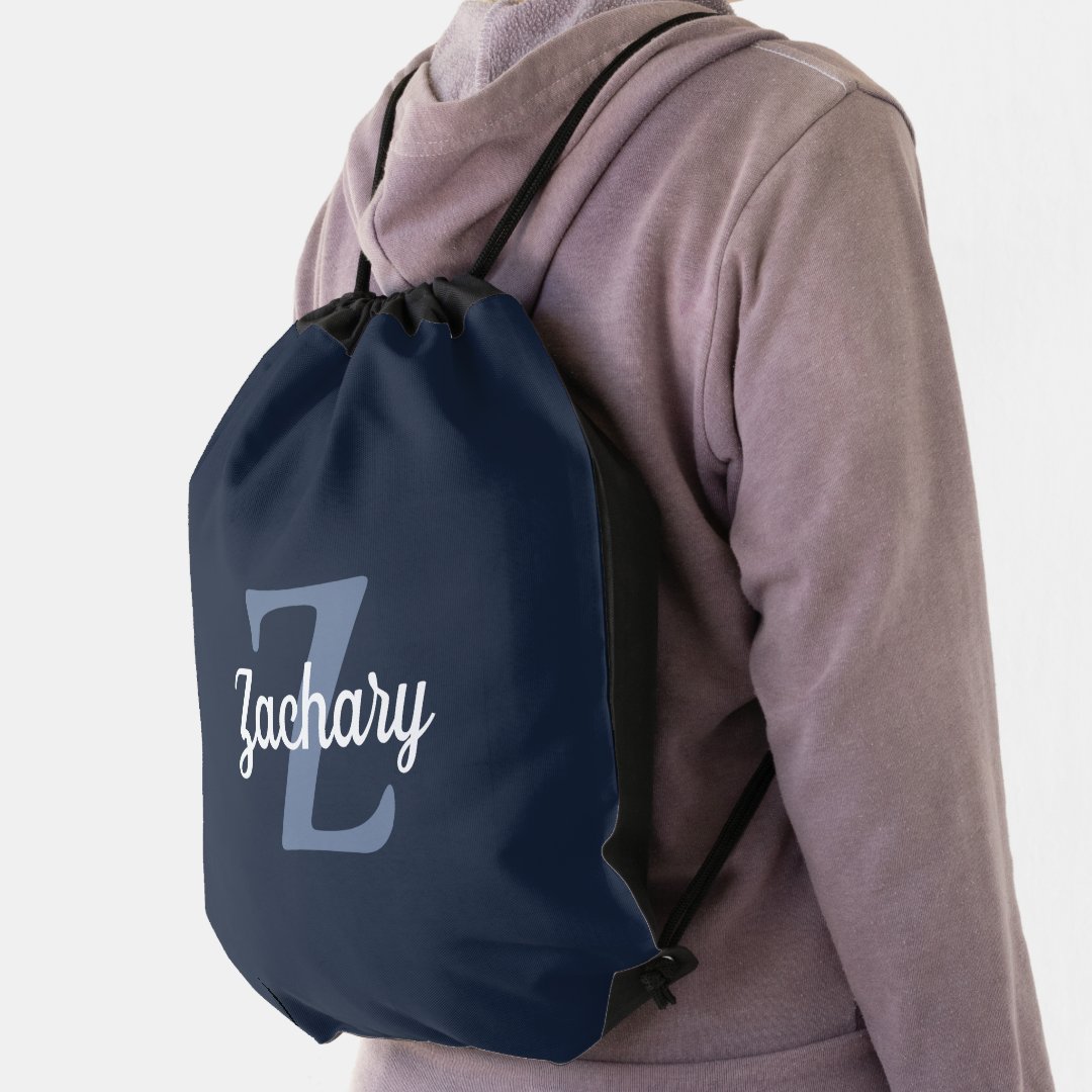 Navy Blue White Retro Monogram Personalized Drawstring Bag | Zazzle
