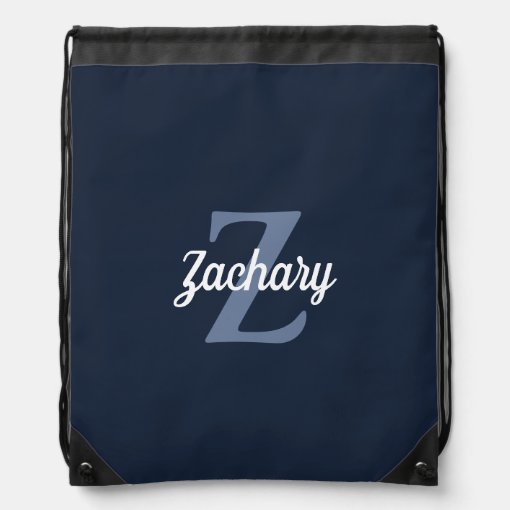 Navy Blue White Retro Monogram Personalized Drawstring Bag | Zazzle