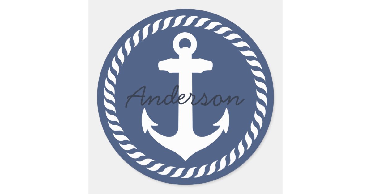 Navy Blue White Round Nautical Rope Anchor Classic Round Sticker | Zazzle