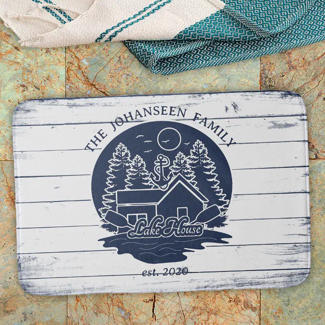 Navy Blue & White Rustic Wood Nautical Lake House Bath Mat | Zazzle