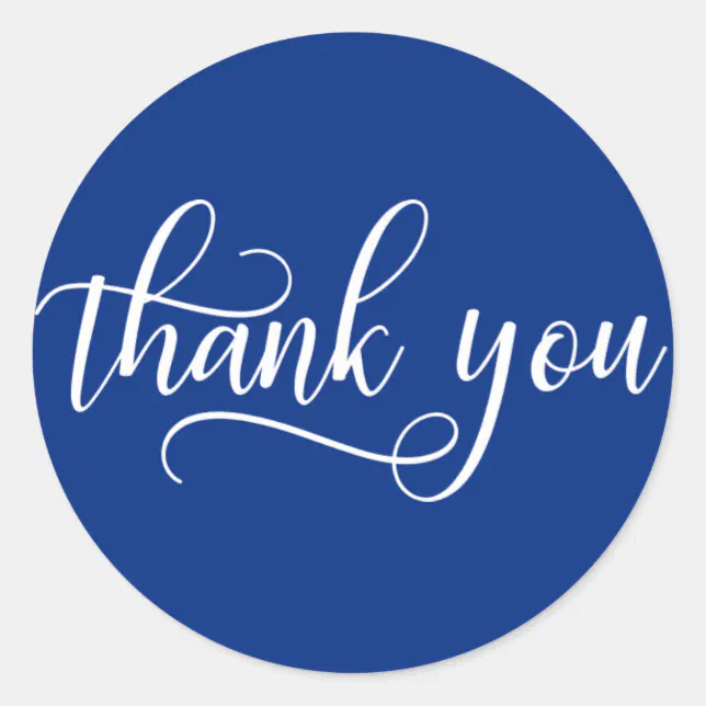 NAVY BLUE White Script Calligraphy Thank You Classic Round Sticker | Zazzle