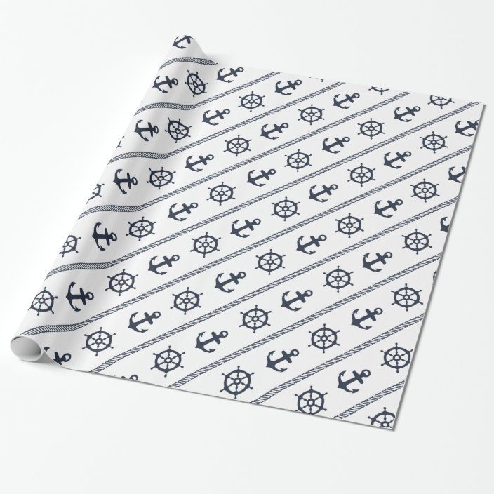 Navy Blue White Ship Wheel Anchor Nautical Wrapping Paper | Zazzle.com