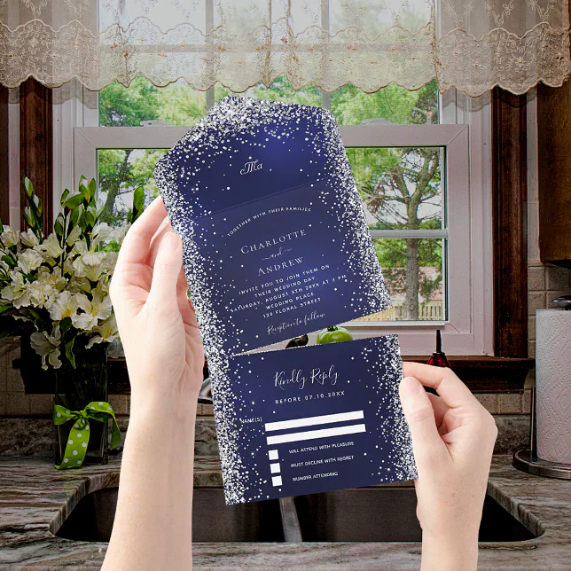 Navy blue white silver rsvp wedding all in one invitation | Zazzle