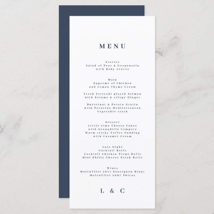 Navy Blue White Simple Classic Wedding Menu | Zazzle