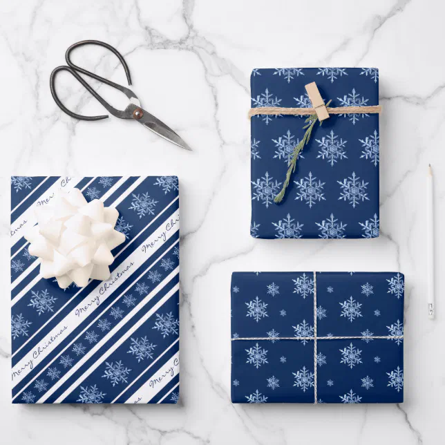 Navy Blue & White Snowflake Wrapping Paper Sheets | Zazzle