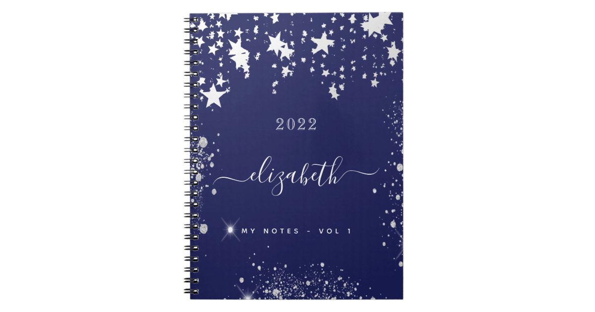 Navy blue white stars monogram script notebook | Zazzle