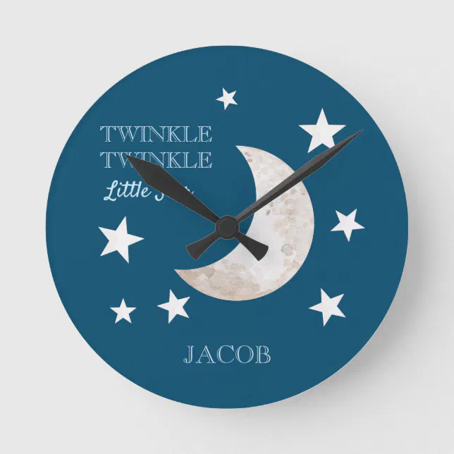 Navy Blue White Stars Moon Twinkle Little Star Round Clock | Zazzle