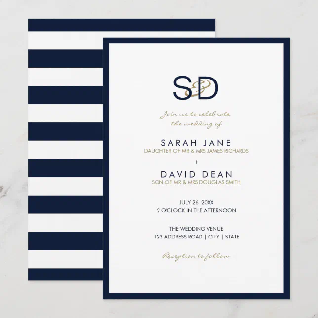Navy Blue & White Stripe Monogram Wedding Invitation | Zazzle