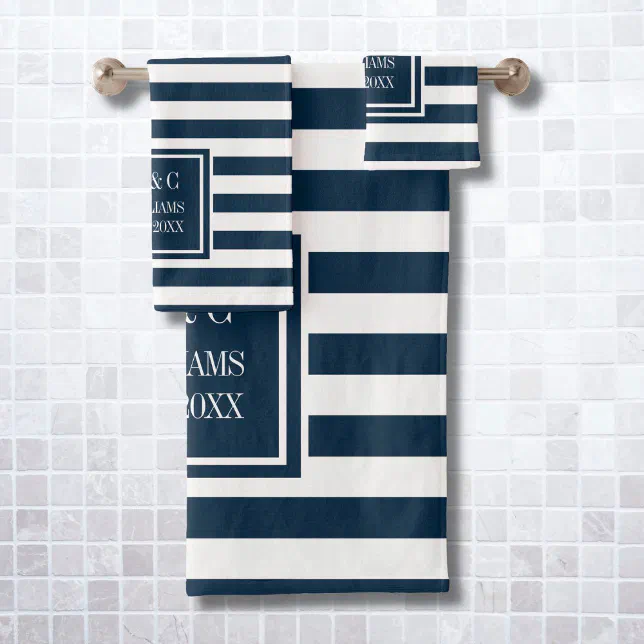 Navy Blue White Stripe Personalized Monogram Bath Towel Set | Zazzle