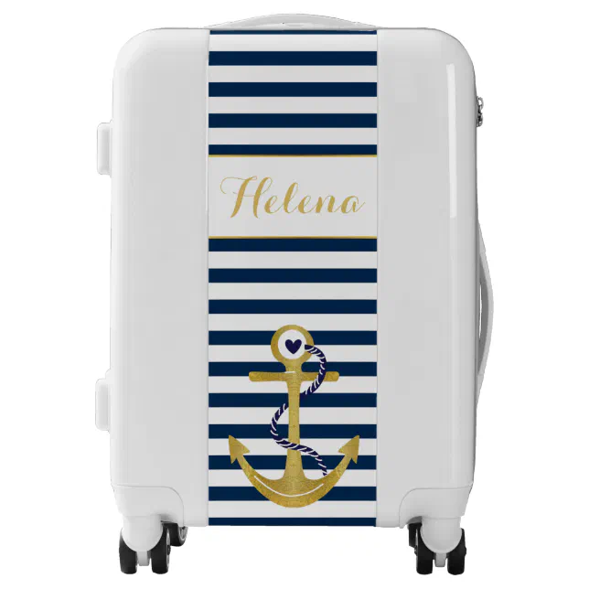Navy blue white stripes gold foil anchor nautical luggage | Zazzle