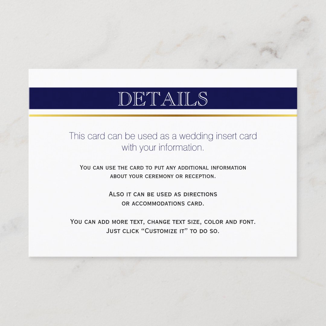 Navy blue & white stripes gold wedding insert card | Zazzle