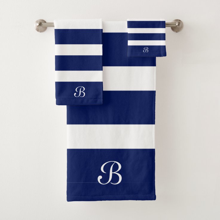Navy-Blue & White Stripes Monogram Bath Towel Set | Zazzle
