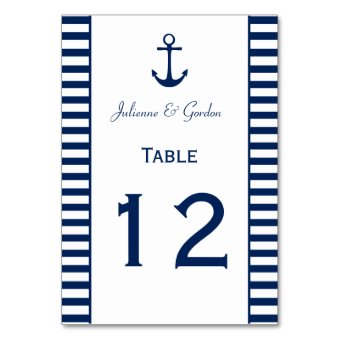 Navy Blue White Stripes Nautical Table Cards | Zazzle