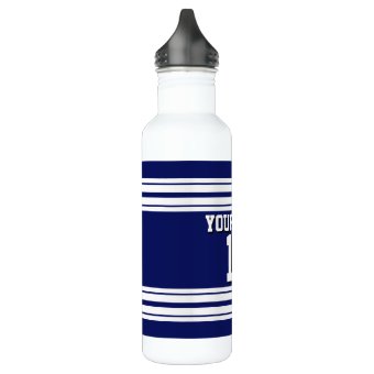 Navy Blue White Team Jersey Custom Number Name Water Bottle | Zazzle