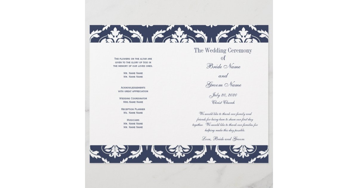 Navy Blue White Vintage Damask Wedding Program | Zazzle