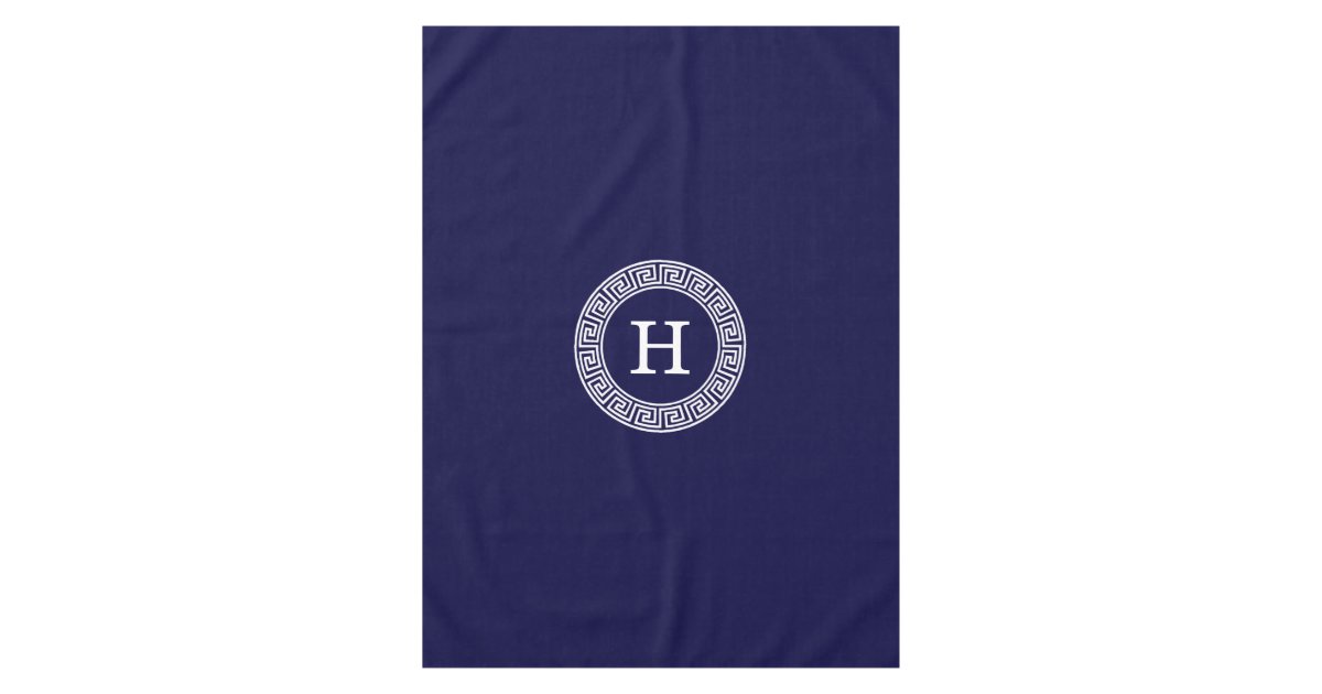 Navy Blue Wht Greek Key Rnd Frame Initial Monogram Tablecloth | Zazzle