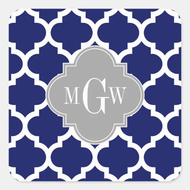 Navy Blue Wht Moroccan #5 Gray 3 Initial Monogram Square Sticker | Zazzle