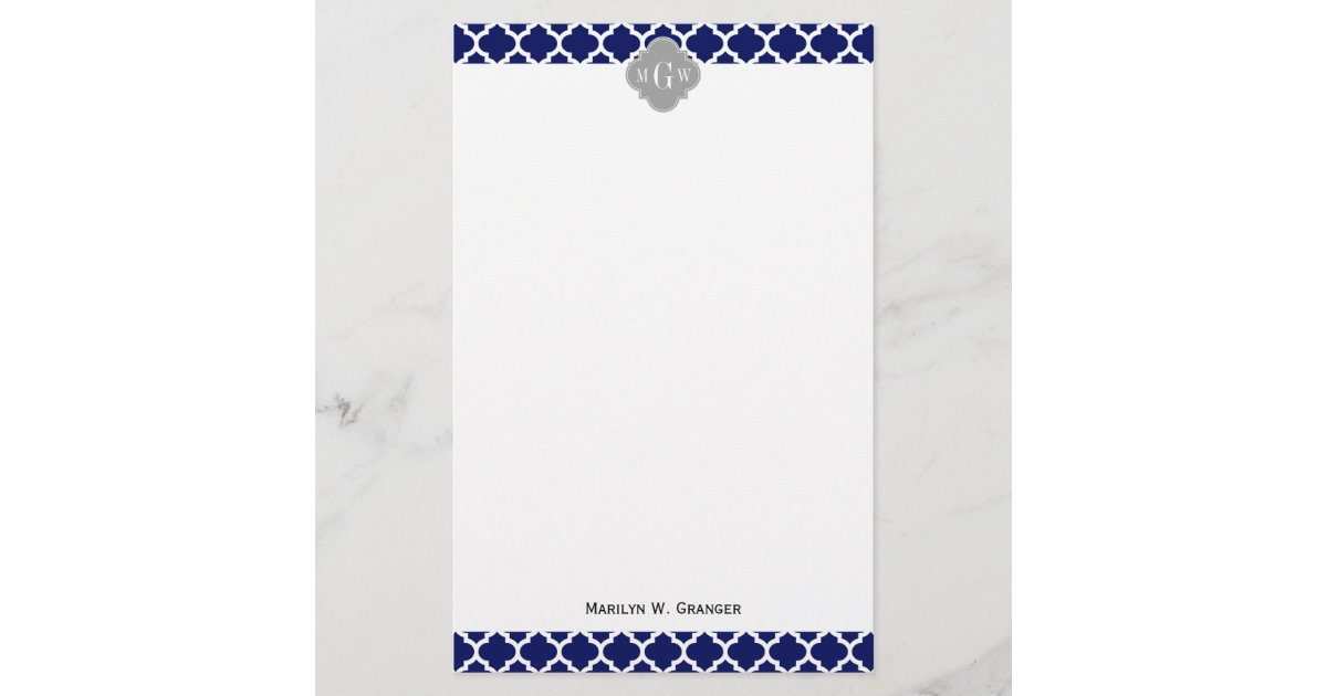 Navy Blue Wht Moroccan #5 Gray 3 Initial Monogram Stationery | Zazzle