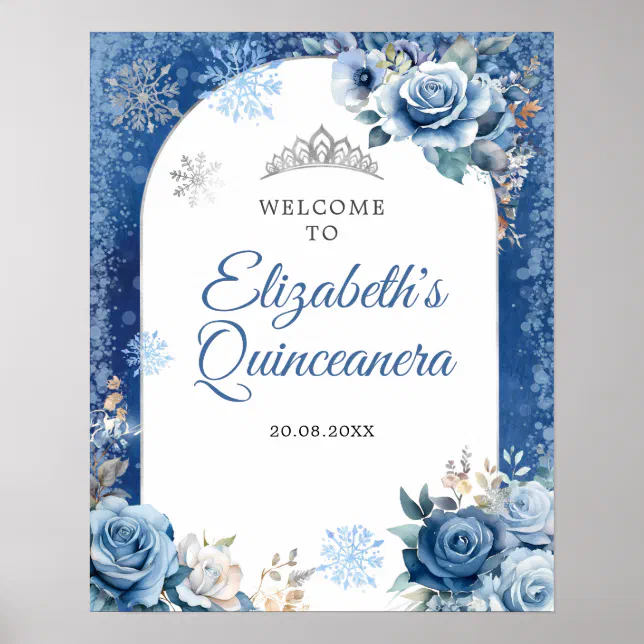 Navy Blue Winter Snowflake Mis Quince Welcome Poster | Zazzle