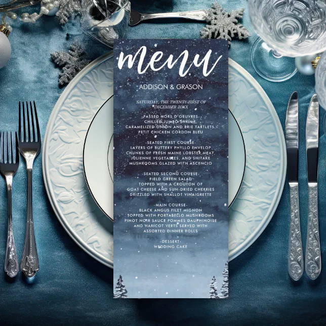 Navy Blue Wintery Watercolor Night Wedding Menu | Zazzle
