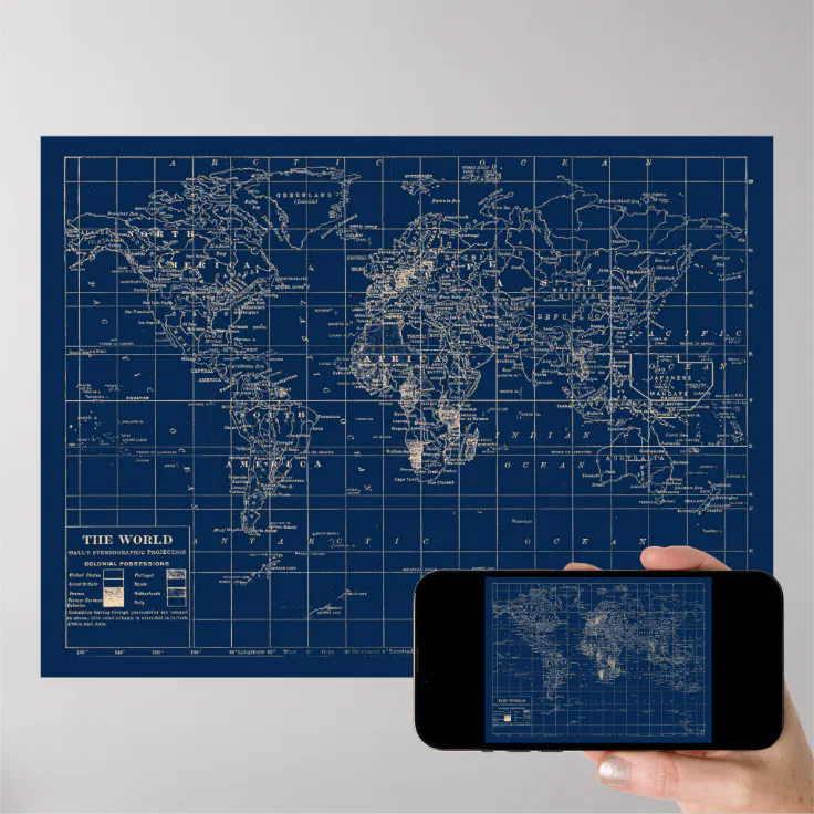 Navy Blue World Map Poster | Zazzle