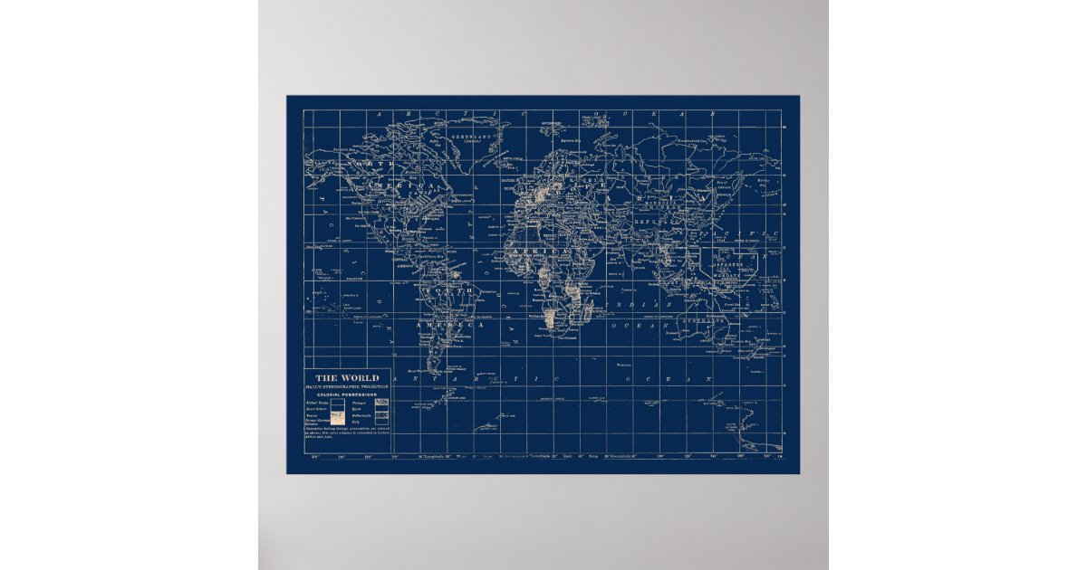 Navy Blue World Map Poster | Zazzle