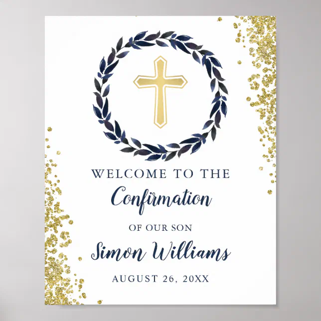 Navy Blue Wreath Gold Glitter Confirmation Welcome Poster | Zazzle